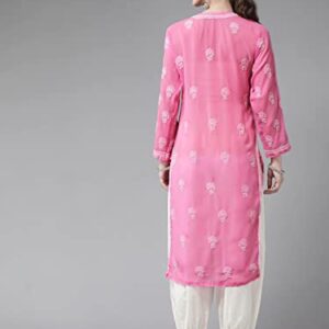 Ada Hand Embroidered Indian Chikankari Traditional Georgette Kurti Kurta Tunic Dress A411221 (L, Pink)