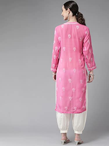 Ada Hand Embroidered Indian Chikankari Traditional Georgette Kurti Kurta Tunic Dress A411221 (L, Pink)