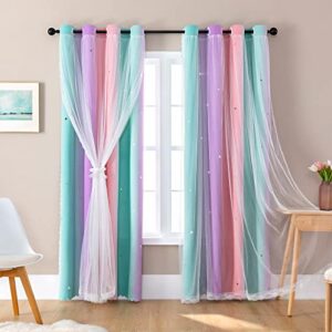 xidi curtains for girls bedroom decor, rainbow curtains for kids room decor, purple blackout curtains for little girl room, unicorn wall decals pink curtains green, 63 inches long 34 wide 1 panel