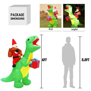 BOOWOO 6 FT Christmas Dinosaur Inflatable Decoration, Inflatable Santa Ride on Dinosaur, Christmas Inflatable Yard Decoration for Xmas Outdoor Garden