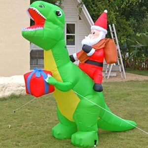 BOOWOO 6 FT Christmas Dinosaur Inflatable Decoration, Inflatable Santa Ride on Dinosaur, Christmas Inflatable Yard Decoration for Xmas Outdoor Garden