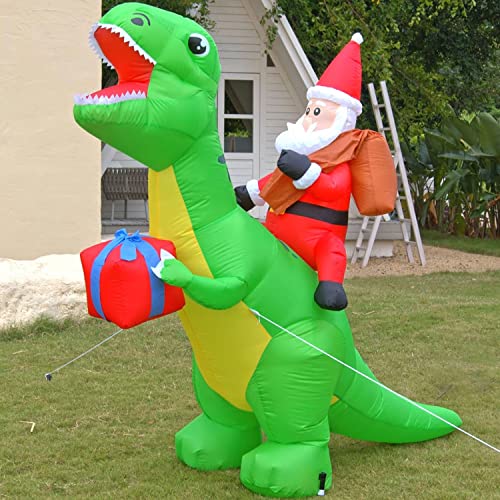 BOOWOO 6 FT Christmas Dinosaur Inflatable Decoration, Inflatable Santa Ride on Dinosaur, Christmas Inflatable Yard Decoration for Xmas Outdoor Garden