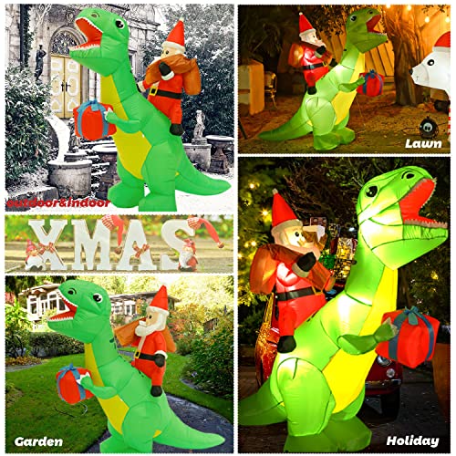 BOOWOO 6 FT Christmas Dinosaur Inflatable Decoration, Inflatable Santa Ride on Dinosaur, Christmas Inflatable Yard Decoration for Xmas Outdoor Garden