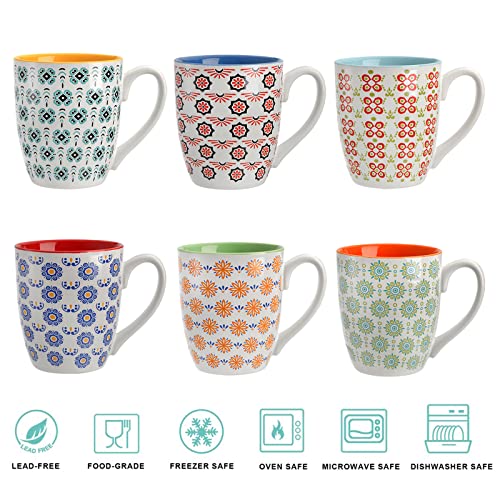 Frcctre 6 Pack Coffee Mugs Set, 17 Ounce Large Porcelain Coffee Cups Tea Cups Drinking Cups for Coffee, Tea, Cocoa, Cappuccino, Dishwasher Safe