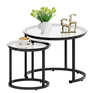 aboxoo black nesting coffee glass table set of 2, metal freme side end tables for living room bedroom for apartment small place modern industrial simple, 23.6d x 23.6w x 17.7h in