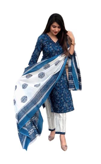 KLOSIA Women's Rayon Kurta Palazzo With Dupatta Set X-Large Indigo Blue