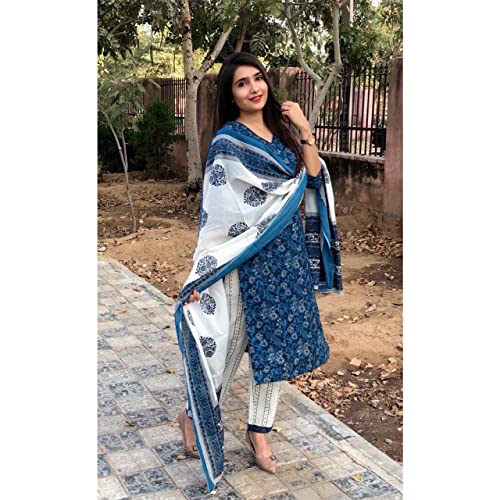 KLOSIA Women's Rayon Kurta Palazzo With Dupatta Set X-Large Indigo Blue