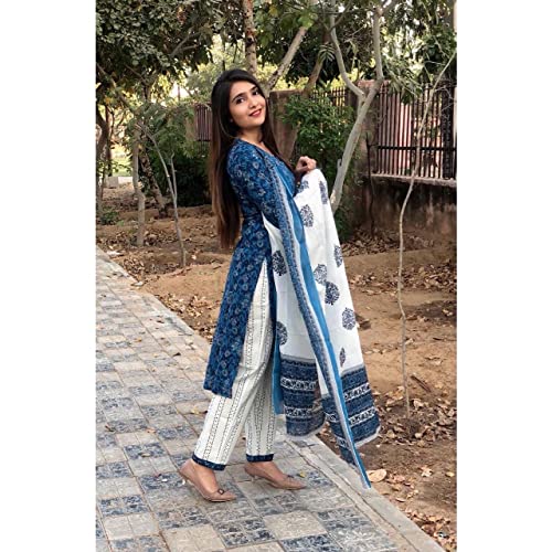 KLOSIA Women's Rayon Kurta Palazzo With Dupatta Set X-Large Indigo Blue