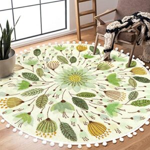 uphome round throw rugs for bedroom 4' circle cute area rug with pom poms fringe floral plant washable non-slip soft floor mats for entryway laundry living/ kids room nursery, green