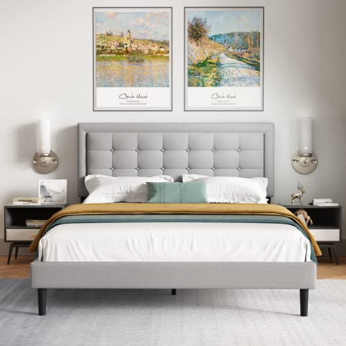 UNIZONE Queen Upholstered Bed Frame with Headboard, Tufted Platform Bed with Button Headboard, Wood Slats Support, Mattress Foundation, No Box Spring Needed, Easy Assembly, Modern, Linen, Light Gray