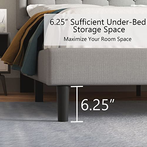 UNIZONE Queen Upholstered Bed Frame with Headboard, Tufted Platform Bed with Button Headboard, Wood Slats Support, Mattress Foundation, No Box Spring Needed, Easy Assembly, Modern, Linen, Light Gray