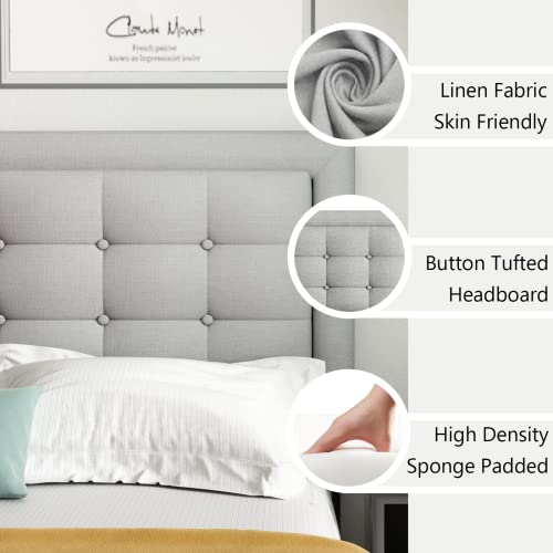 UNIZONE Queen Upholstered Bed Frame with Headboard, Tufted Platform Bed with Button Headboard, Wood Slats Support, Mattress Foundation, No Box Spring Needed, Easy Assembly, Modern, Linen, Light Gray