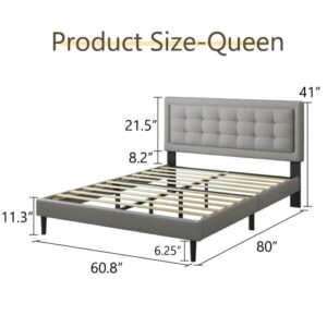 UNIZONE Queen Upholstered Bed Frame with Headboard, Tufted Platform Bed with Button Headboard, Wood Slats Support, Mattress Foundation, No Box Spring Needed, Easy Assembly, Modern, Linen, Light Gray