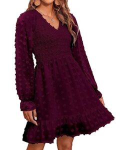 btfbm women long sleeve v neck smocked short dress flowy casual swissdot ruffle mini babydoll summer fall dresses 2023(solid wine red, large)