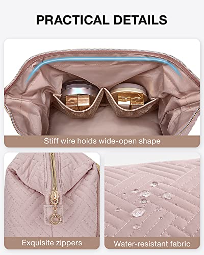 BAGSMART Travel Makeup Bag, Cosmetic Bag Make Up Organizer Case,Large Wide-open Pouch for Women Purse for Toiletries Accessories Brushes Pink