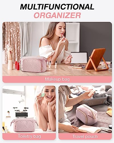 BAGSMART Travel Makeup Bag, Cosmetic Bag Make Up Organizer Case,Large Wide-open Pouch for Women Purse for Toiletries Accessories Brushes Pink