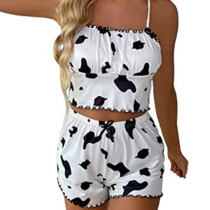 WDIRARA Women's 2 Piece Sleepwear Satin Cow Print Crop Cami Top and Shorts Summer Pajama Set Cute White S