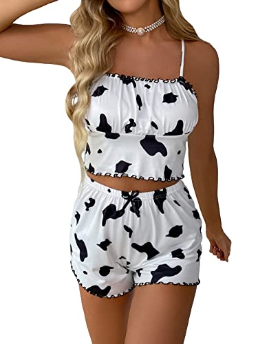 WDIRARA Women's 2 Piece Sleepwear Satin Cow Print Crop Cami Top and Shorts Summer Pajama Set Cute White S