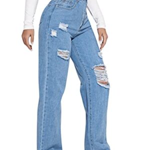 SweatyRocks Women's High Waisted Ripped Boyfriend Jeans Distressed Denim Pants with Pockets Light Wash S