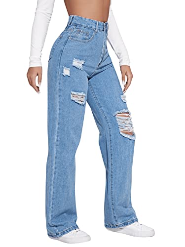 SweatyRocks Women's High Waisted Ripped Boyfriend Jeans Distressed Denim Pants with Pockets Light Wash S