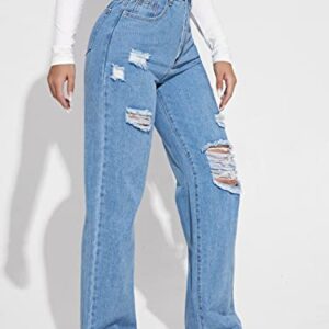 SweatyRocks Women's High Waisted Ripped Boyfriend Jeans Distressed Denim Pants with Pockets Light Wash S