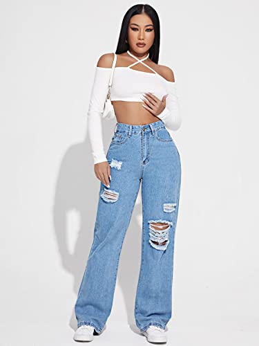 SweatyRocks Women's High Waisted Ripped Boyfriend Jeans Distressed Denim Pants with Pockets Light Wash S