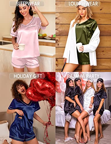 Ekouaer Womens Silk Pajamas Set Short Sleeve Shirts and Pj Shorts 2 Piece Plus Satin Pajamas Cute Sleepwear White XXL