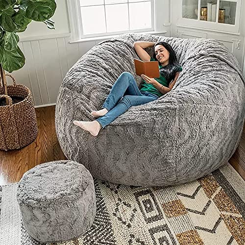 YIZA Bean Bag Chair 5ft Big Round Soft Fluffy Velvet Bag Chair Cover (No Filler,Cover only) Living Room Furniture Lazy Sofa Bed Cover for Adults (Black, 5FT) (5FT-01)