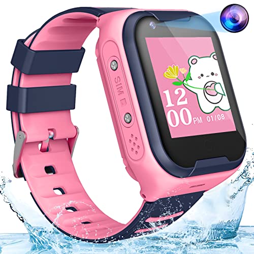 TEZILON 4G Kids GPS Smart Watch Waterproof Video Phone Call Real-time Tracking Smart Watch Camera SOS Emergency Alarm Touch Screen Pedometer Anti-Lost GPS Tracker Watch for Boys Girls Gift(Pink)