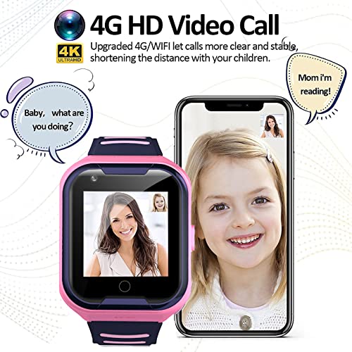 TEZILON 4G Kids GPS Smart Watch Waterproof Video Phone Call Real-time Tracking Smart Watch Camera SOS Emergency Alarm Touch Screen Pedometer Anti-Lost GPS Tracker Watch for Boys Girls Gift(Pink)