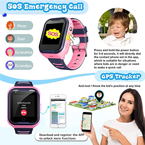 TEZILON 4G Kids GPS Smart Watch Waterproof Video Phone Call Real-time Tracking Smart Watch Camera SOS Emergency Alarm Touch Screen Pedometer Anti-Lost GPS Tracker Watch for Boys Girls Gift(Pink)