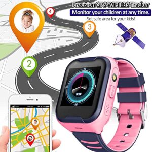 TEZILON 4G Kids GPS Smart Watch Waterproof Video Phone Call Real-time Tracking Smart Watch Camera SOS Emergency Alarm Touch Screen Pedometer Anti-Lost GPS Tracker Watch for Boys Girls Gift(Pink)