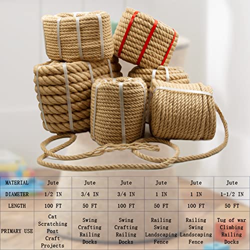 Twisted Manila Rope (1 in X 50 Ft) Natural Jute Rope Thick Hemp Rope for Swing Bed, Railing, Docks, Tug of War, Landscaping