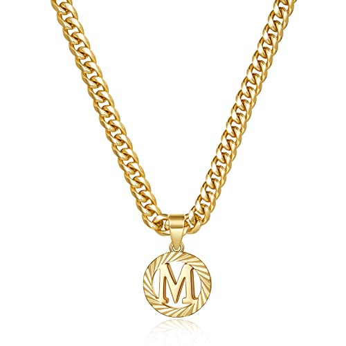 KissYan Gold Initial Necklace,14K Gold Plated Round Letter Pendant Hollow Capital Monogram 5mm Cuban Chain Necklace Alhpabets from A-Z Dainty Jewelry for Women Men Girls(Letter M)