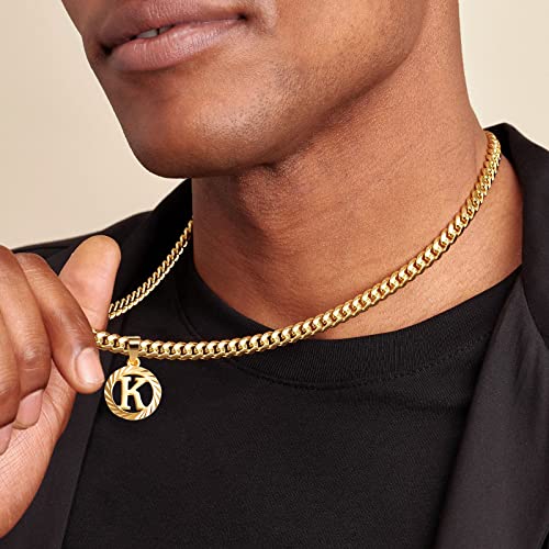 KissYan Gold Initial Necklace,14K Gold Plated Round Letter Pendant Hollow Capital Monogram 5mm Cuban Chain Necklace Alhpabets from A-Z Dainty Jewelry for Women Men Girls(Letter M)