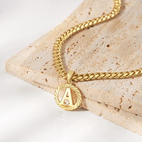 KissYan Gold Initial Necklace,14K Gold Plated Round Letter Pendant Hollow Capital Monogram 5mm Cuban Chain Necklace Alhpabets from A-Z Dainty Jewelry for Women Men Girls(Letter M)