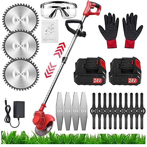 Weed Wacker Cordless Grass Trimmer Electric Weed 90~120cm Retractable, 3 Kinds of Adjustable Blades, 24v Electric Cordless Garden Trimmer with Battery and Charger for Garden (RED)