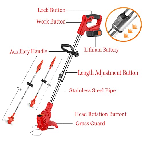 Weed Wacker Cordless Grass Trimmer Electric Weed 90~120cm Retractable, 3 Kinds of Adjustable Blades, 24v Electric Cordless Garden Trimmer with Battery and Charger for Garden (RED)