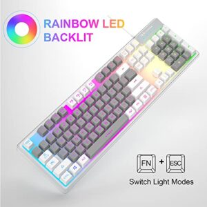 MageGee Gaming Keyboard, Rainbow Backlit LED Wired Gaming Keyboard with Clear Housing and Double-Shot Keycaps, K1 Waterproof Ergonomic 104 Keys Light Up Keyboard for PC Desktop Laptop, White & Gray