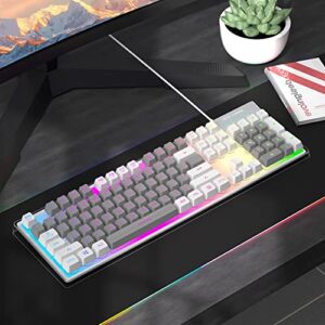 MageGee Gaming Keyboard, Rainbow Backlit LED Wired Gaming Keyboard with Clear Housing and Double-Shot Keycaps, K1 Waterproof Ergonomic 104 Keys Light Up Keyboard for PC Desktop Laptop, White & Gray