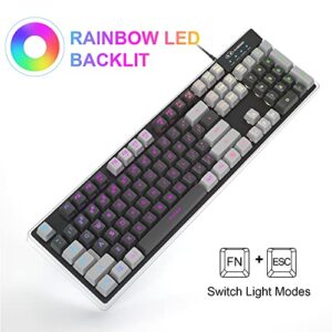 MageGee Gaming Keyboard, Rainbow Backlit LED Wired Gaming Keyboard with Clear Housing and Double-Shot Keycaps, K1 Waterproof Ergonomic 104 Keys Light Up Keyboard for PC Desktop Laptop, Gray & Black