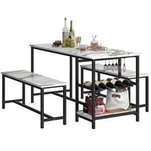 CENOVE Dining Table Set for 4, 3 Piece Kitchen Table with Bench, Small Dining Table Set for Apartment with Wine Rack for Breakfast Nook (White Statuario)