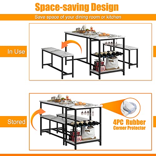 CENOVE Dining Table Set for 4, 3 Piece Kitchen Table with Bench, Small Dining Table Set for Apartment with Wine Rack for Breakfast Nook (White Statuario)