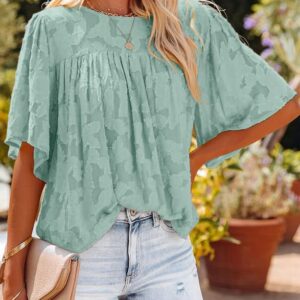 Dokotoo Women Lace Patchwork Green Tops Crewneck Bell Sleeve Babydoll Blouses for Women Fashion 2023 Dressy Casual Green Plus Size Tops Loose Flowy Workout Summer Shirts XX-Large