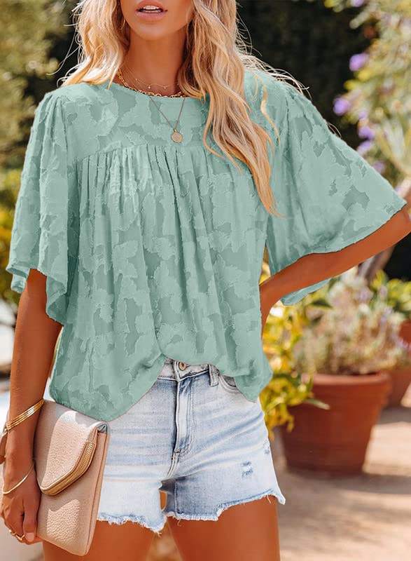 Dokotoo Women Lace Patchwork Green Tops Crewneck Bell Sleeve Babydoll Blouses for Women Fashion 2023 Dressy Casual Green Plus Size Tops Loose Flowy Workout Summer Shirts XX-Large