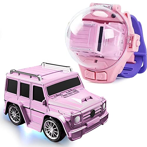 SCKTYZS Mini Remote Control Car Watch Kids Toys,2.4GHz Girl Long Distance Wrist Watch RC Car with Dustproof Cover,Pink Alloy Racing Car USB Charging Cartoon RC Small Car Interactive Game Toys