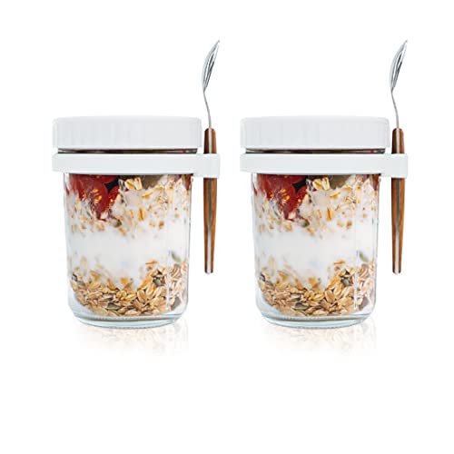 SMARCH Overnight Oats Jars with Lid and Spoon Set of 2, 16 oz Large Capacity Airtight Oatmeal Container with Measurement Marks, Mason Jars with Lid for Cereal On The Go Container (white)