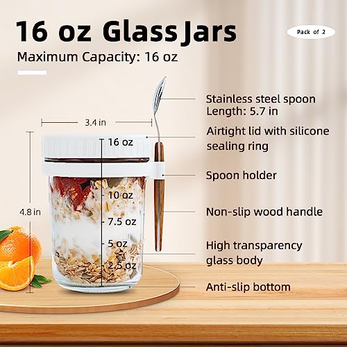 SMARCH Overnight Oats Jars with Lid and Spoon Set of 2, 16 oz Large Capacity Airtight Oatmeal Container with Measurement Marks, Mason Jars with Lid for Cereal On The Go Container (white)