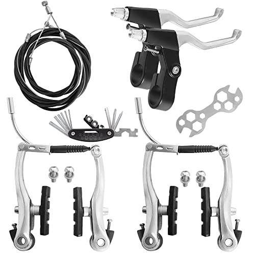 GASHWER Complete Bike Brakes Set, Universal Bike Front and Rear MTB Brake, Inner and Outer Callipers Cables Lever Kit with Multi-Tool Wrenches Silver