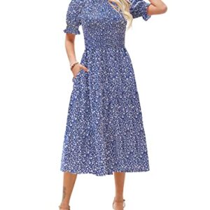 Maggeer 2023 Summer Cute Boho Tiered Puff Short Sleeve Smocked Midi Dresses for Women Blue-1 XS